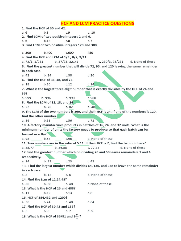 HCF and LCM Practice Questions PDF | PDF