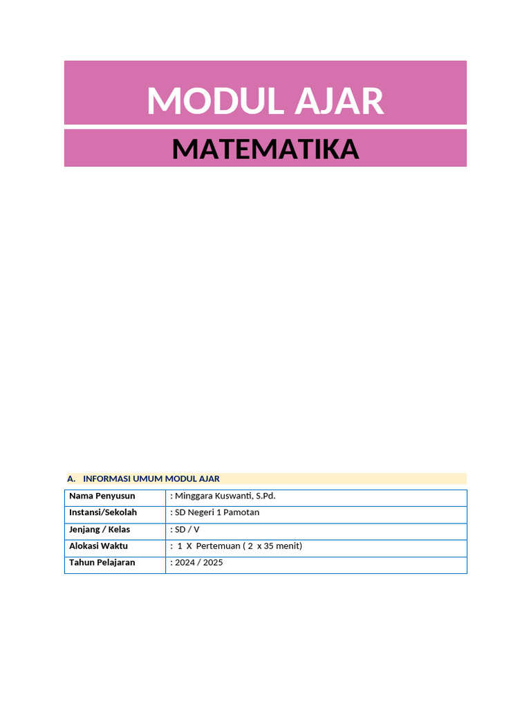 Modul Ajar Matematika 5 Bilangan Cacah Sampai 100000 | PDF