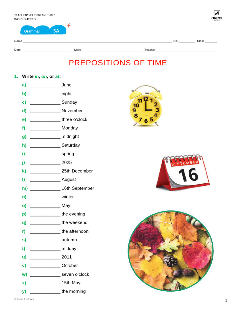 Prepositions of Time in On at | PDF