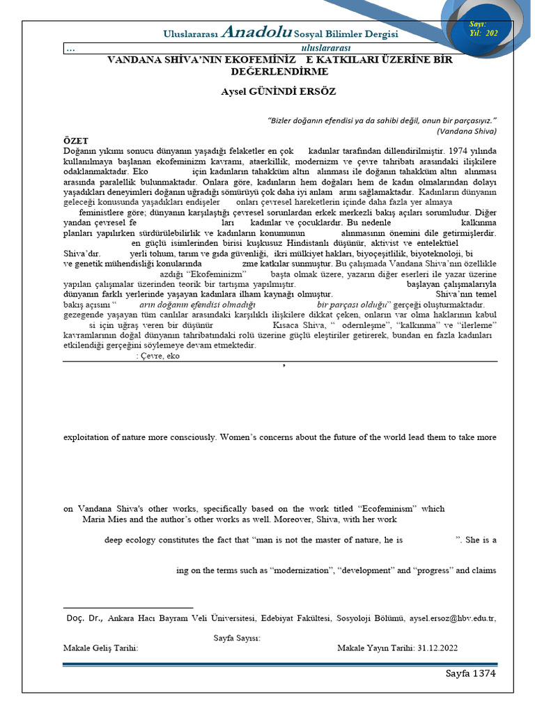 Vandana Shi̇va'nin Ekofemi̇ni̇zme Katkilari Üzeri̇ne Bi̇r Değerlendi̇rme | PDF