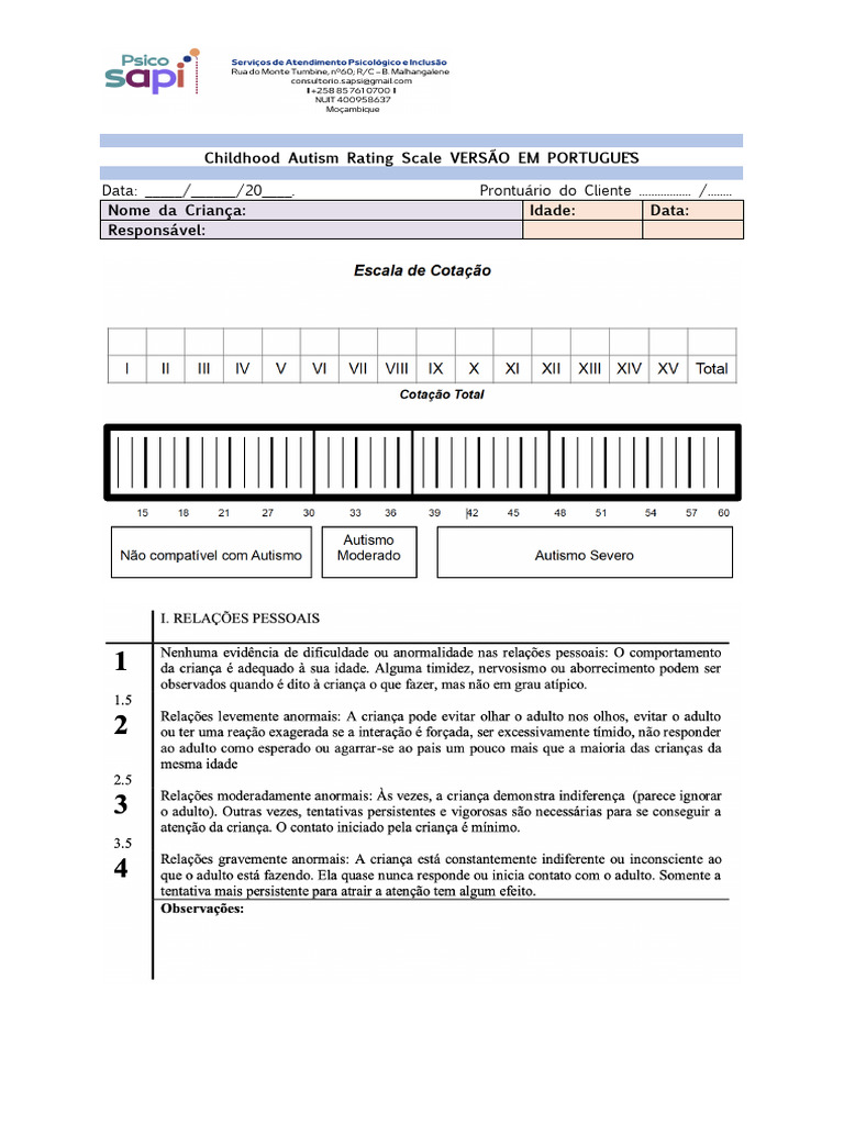CARS - TEA Childhood Autism Rating Scale VERSÃO EM PORTUGUÊS | PDF
