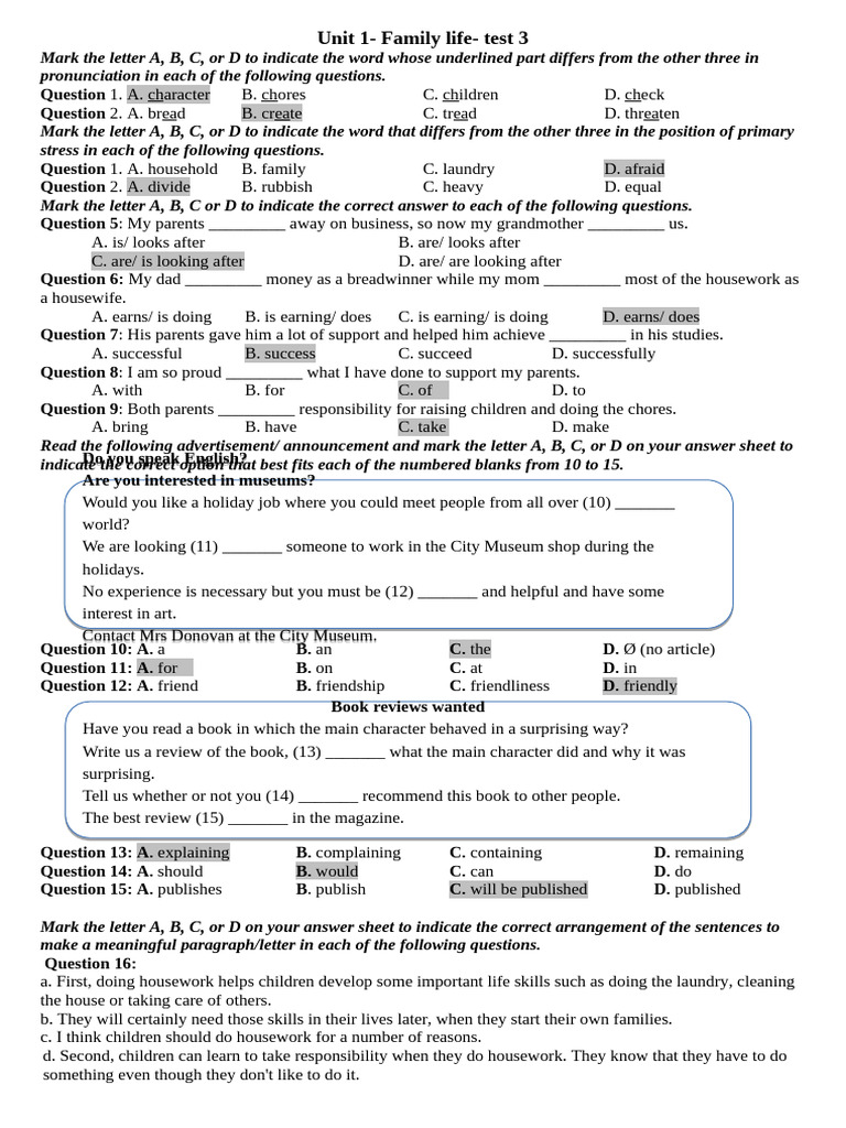 Grade 10 Unit 1 - Test 3 Form 2025 - Key | PDF