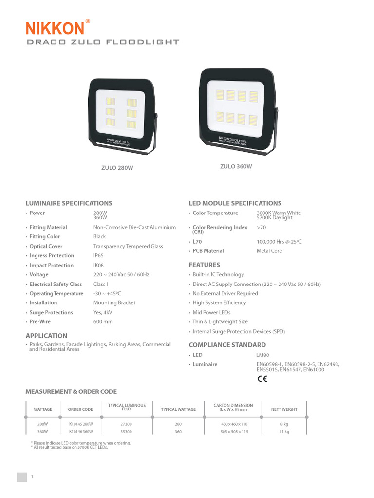 Floodlight - NIKKON Zulo (280W, 360W) | PDF | Light Emitting Diode | Lighting