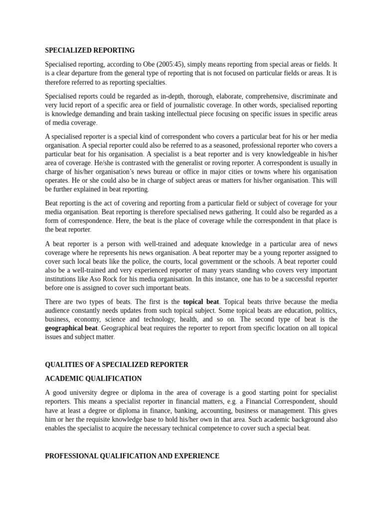 Specialized Reporting | PDF