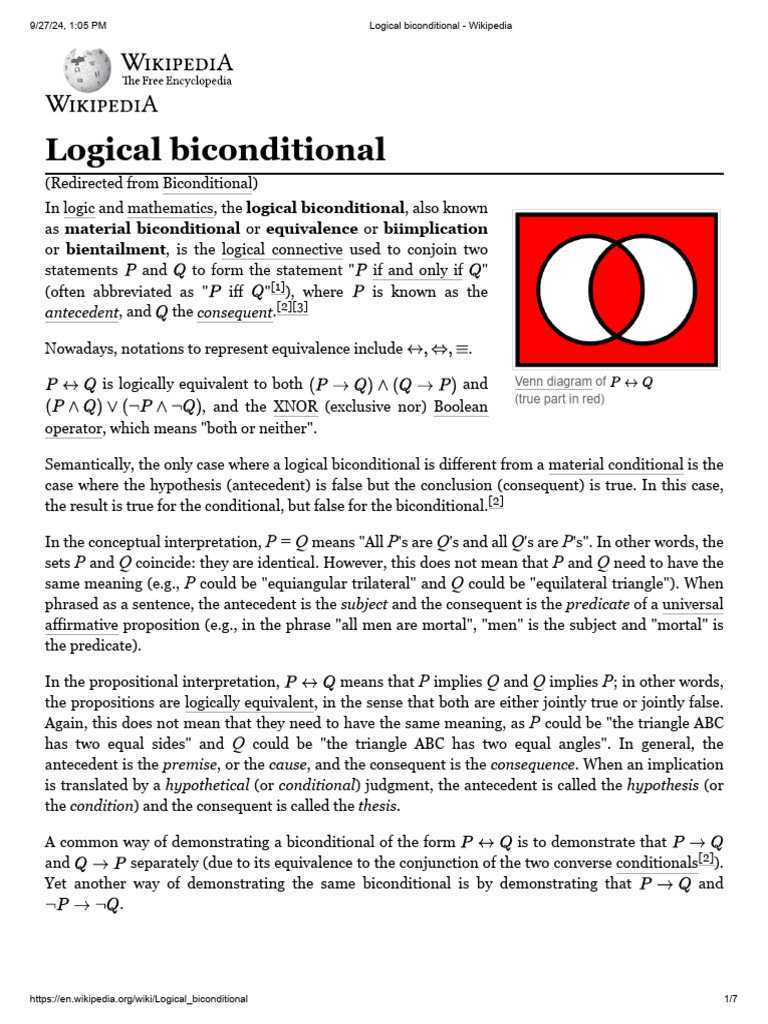 Logical Biconditional - Wikipedia | PDF
