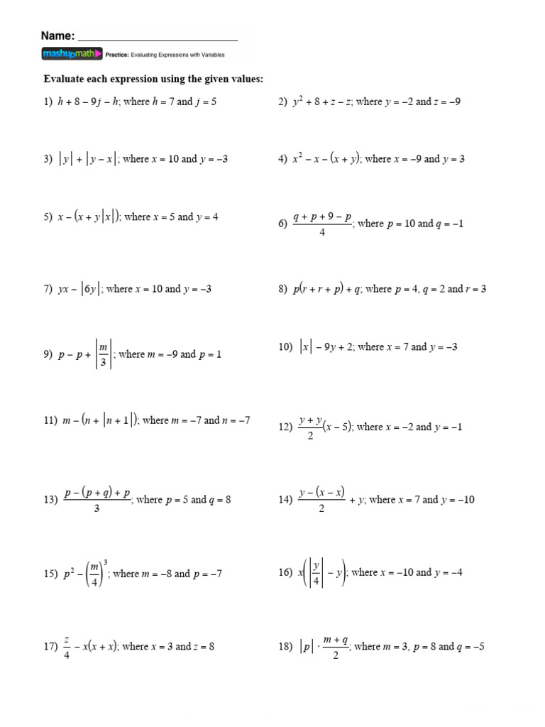 Evaluating Variable Expressions-Edited | PDF