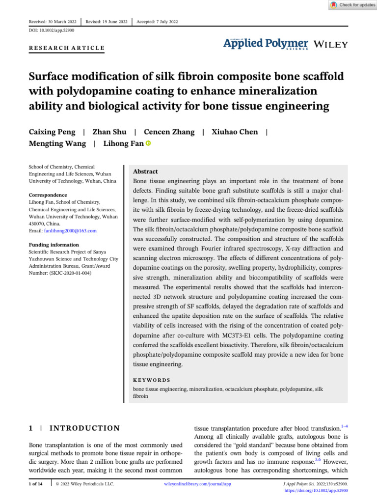 J of Applied Polymer Sci - 2022 - Peng - Surface Modification of Silk Fibroin Co | PDF | Tissue ...