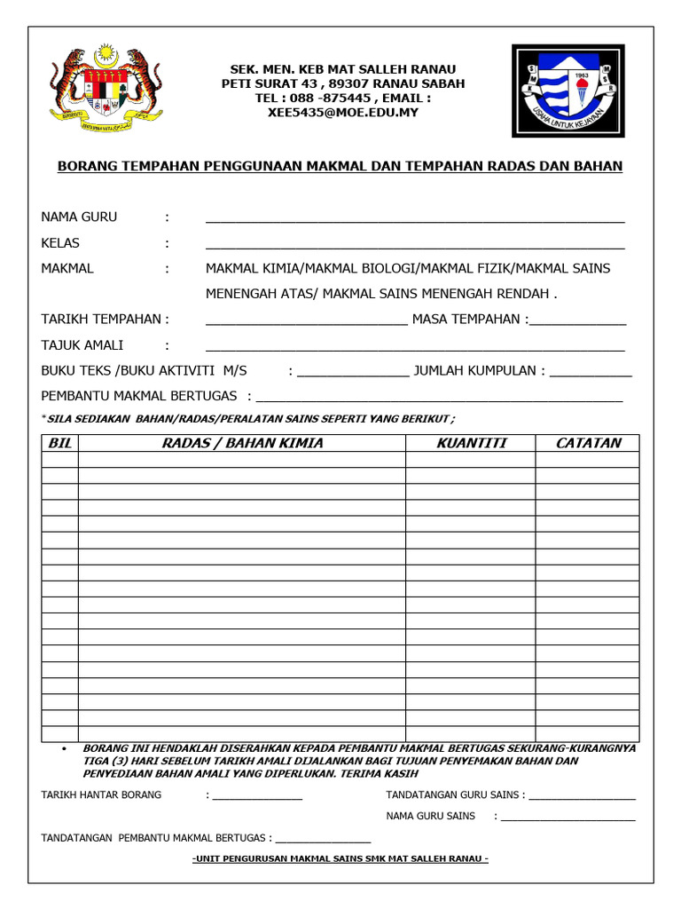 Borang Tempahan Makmal Sains SMK Mat Salleh Ranau Edited 2023 | PDF