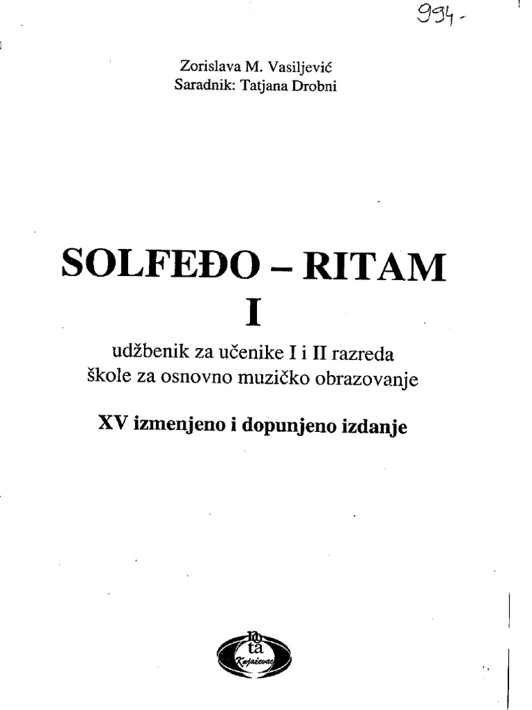 Solfedjo - Ritam (I I II Razred O.muz - Skole) (Zorislava Vasiljevic) | PDF