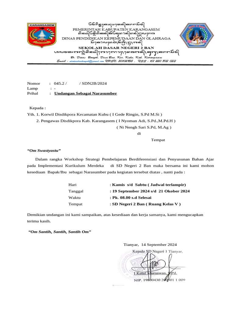 Surat Undangan, Jadwal Workshop Narasumber | PDF