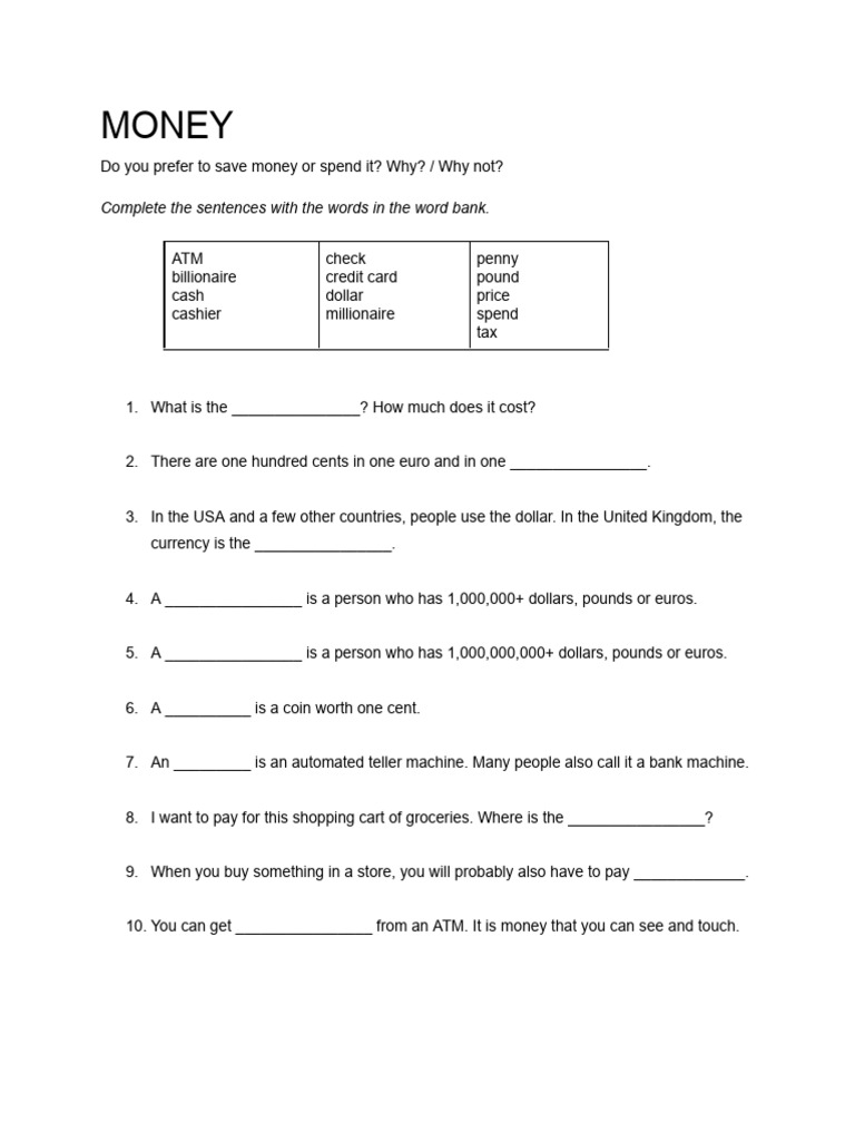 MONEY Worksheet | PDF