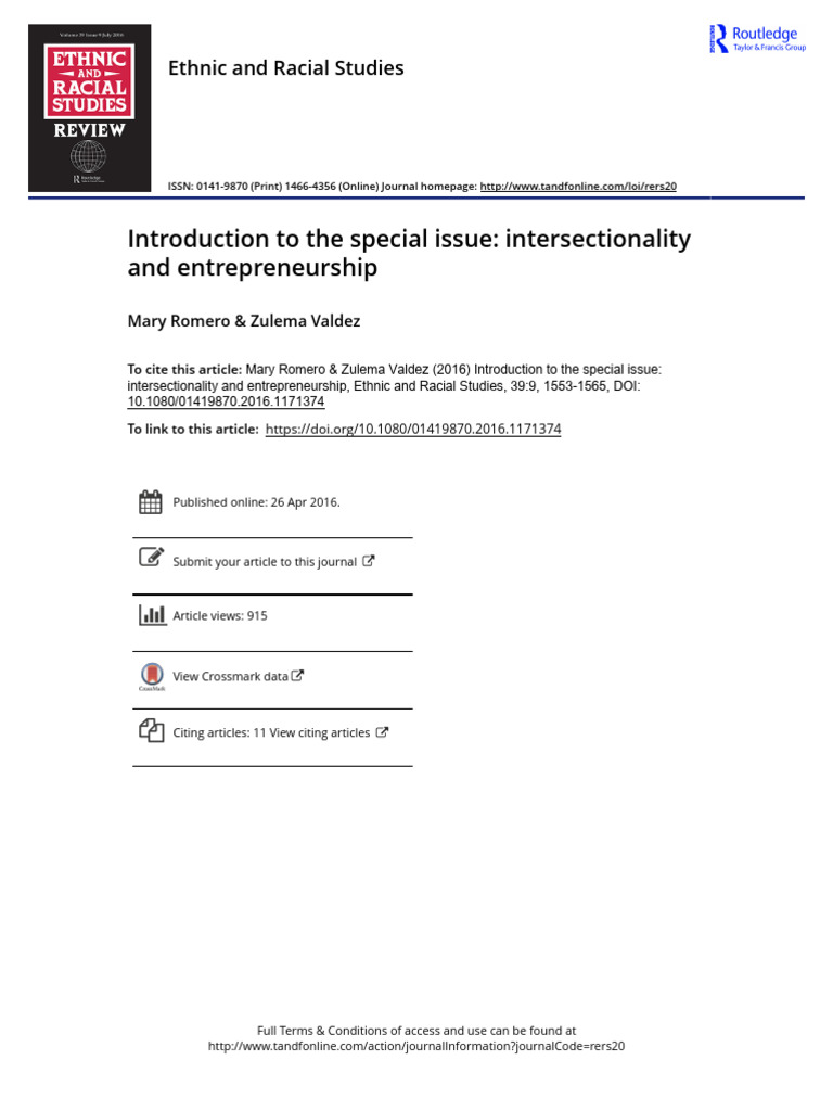 Romero & Valdez (2016) Introduction To The Special Issue Intersectionality and Entrepreneurship ...