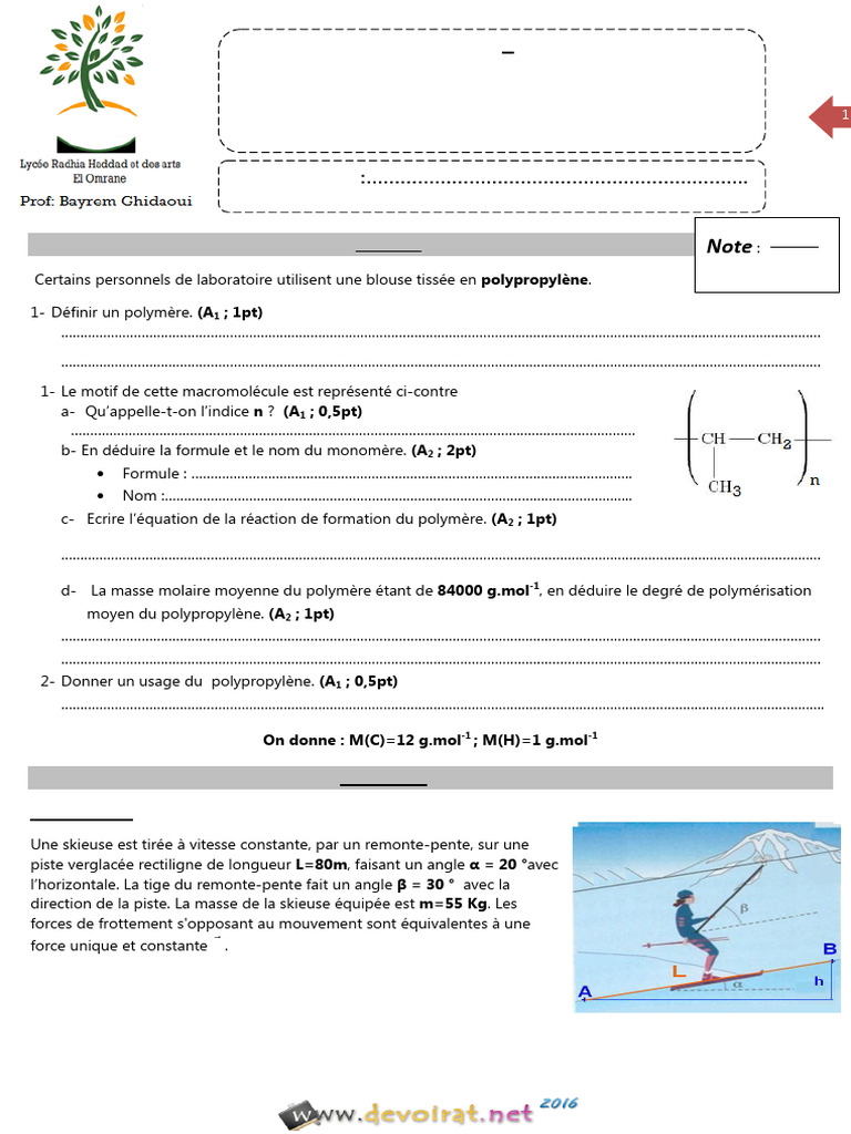 Devoir de Synthèse N°3 - Sciences Physiques - 2ème Informatique (2015 ...