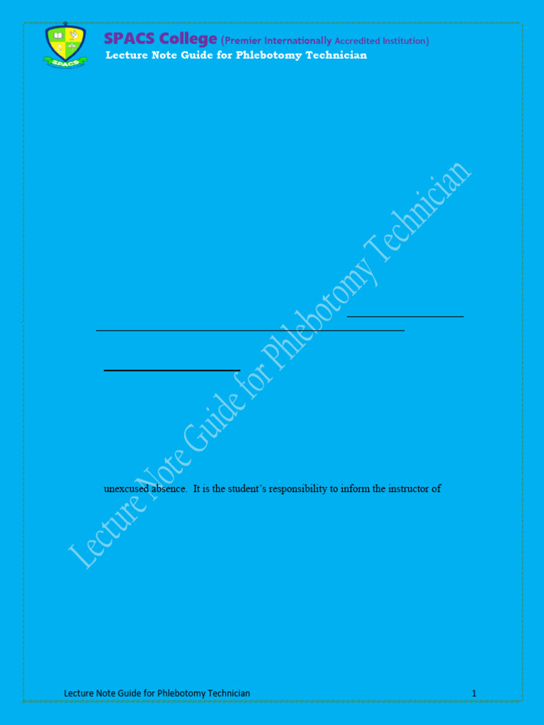 Lecture Note Guide Phlebotomy Technician Aug - Dec 2024 | PDF