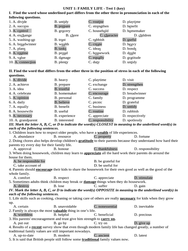 Grade 10 Unit 1 - Practice (Key) | PDF