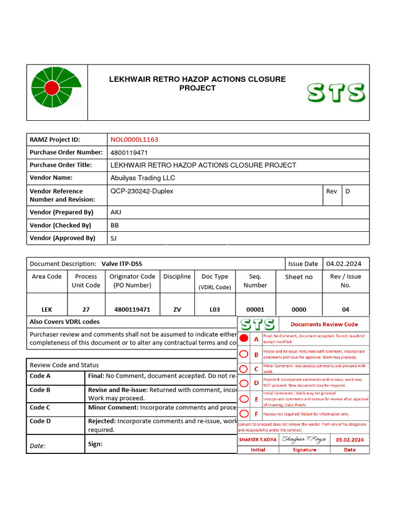 ITP For PO 4800119471 Dafram DSS IPF Valves R4 STS Code A | PDF