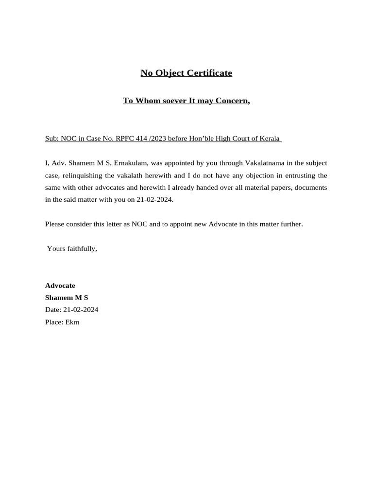NOC From Advocate Format | PDF
