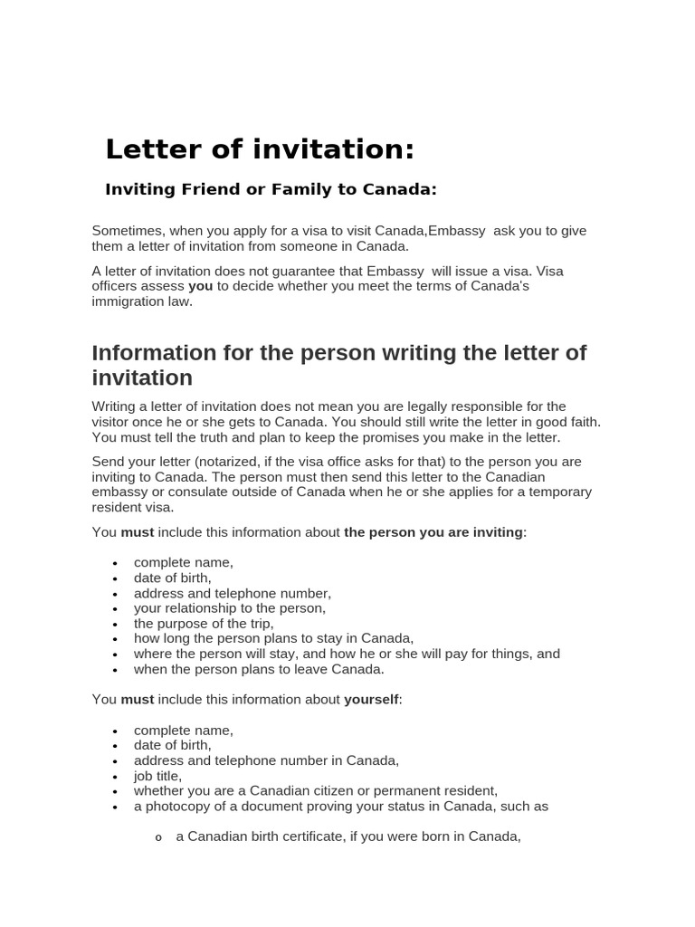 Invitation Letter for Canada Visa | PDF | Travel Visa | Human Migration
