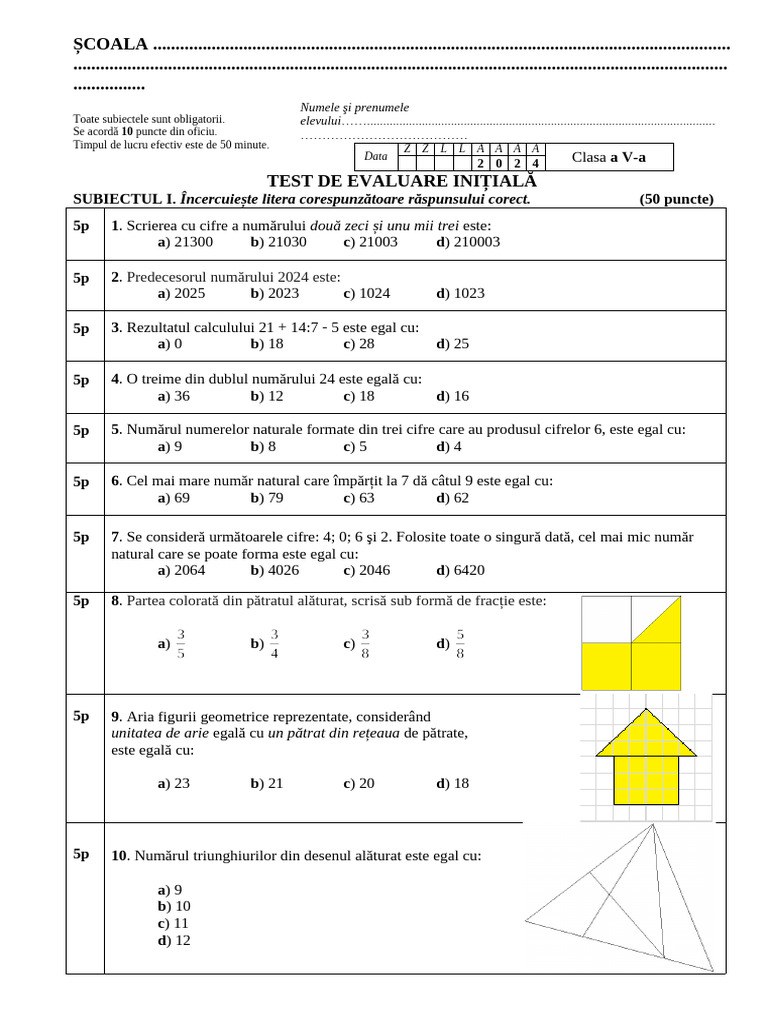 Test Evaluare Initiala 20242025 Clasa 5 | PDF