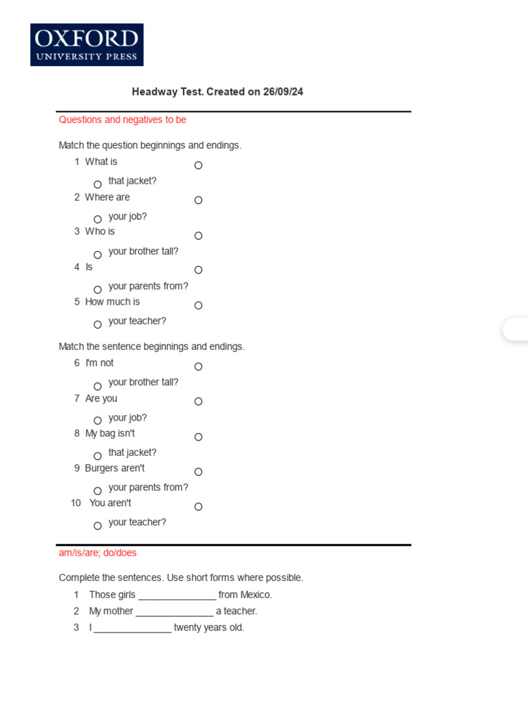 Test Builder - Headway Student's Site - Oxford University Press | PDF