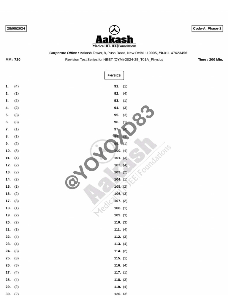 RTS 1 Physics CODE A OYM ANS KEY | PDF