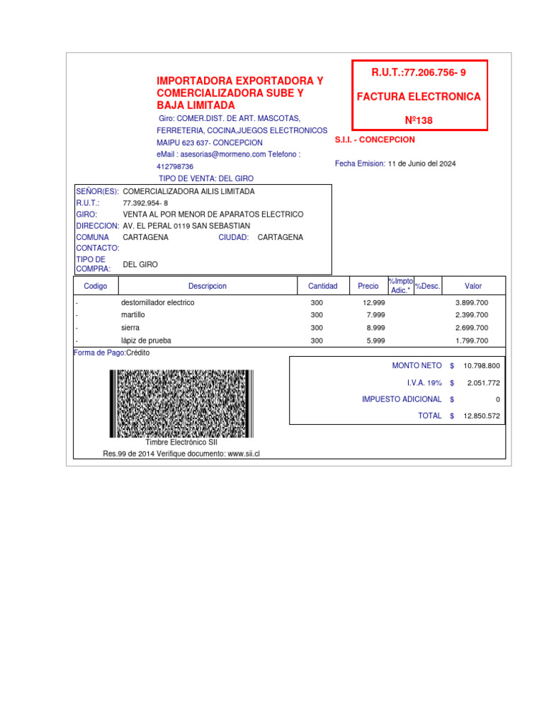 Importadora Exportadora Y Comercializadora Sube Y Baja Limitada R.U.T.:77.206.756-9 Factura ...