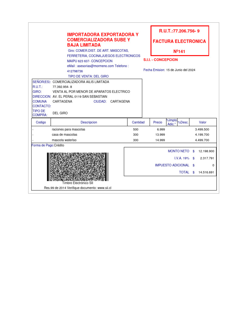 Importadora Exportadora Y Comercializadora Sube Y Baja Limitada R.U.T.:77.206.756-9 Factura ...