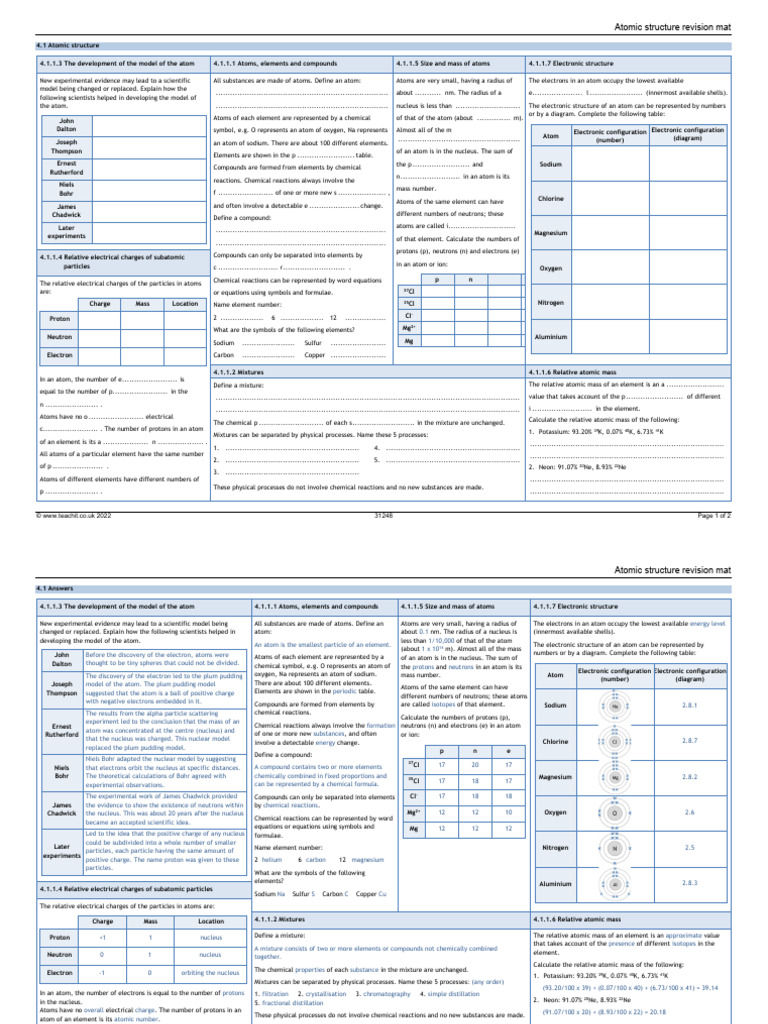 Revision Mat Atomic Structure Teachit 31248 | PDF