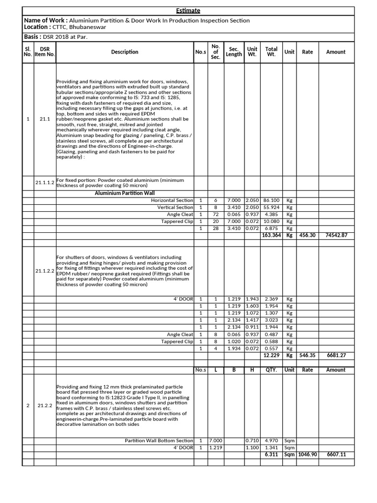 Estimate - Aluminium Partition & Door Work in Production Inspection Section Inside CTTC BBSR | PDF