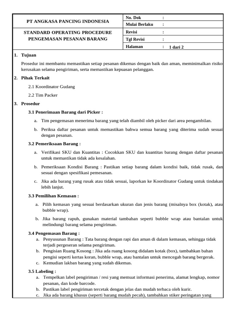 Prosedur Proses Pengemasan Pesanan Barang | PDF
