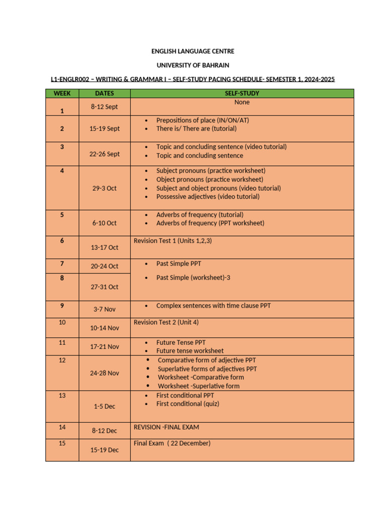 Englr 002 Self Study Pacing Schedule 2024-2025 Sem 1 | PDF