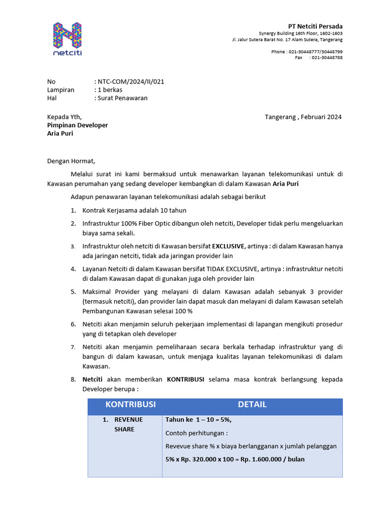 Surat Penawaran Developer Aria Puri | PDF