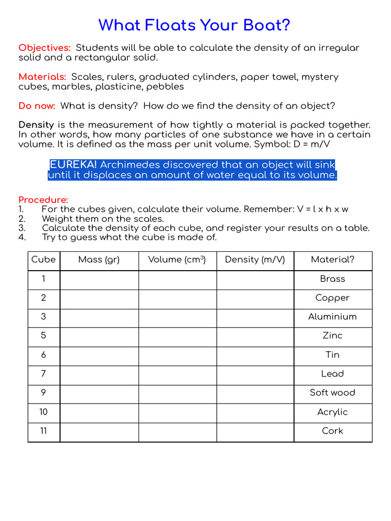 Density Activity - Calculating Density | PDF