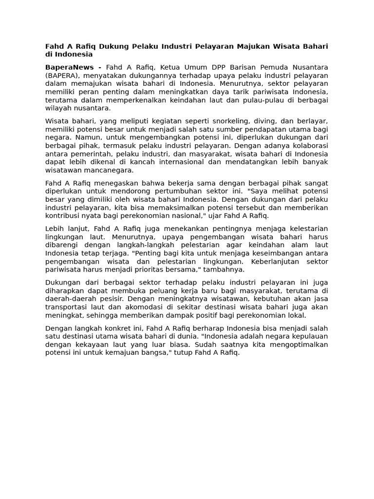 Fahd A Rafiq Dukung Pelaku Industri Pelayaran Majukan Wisata Bahari Di Indonesia | PDF