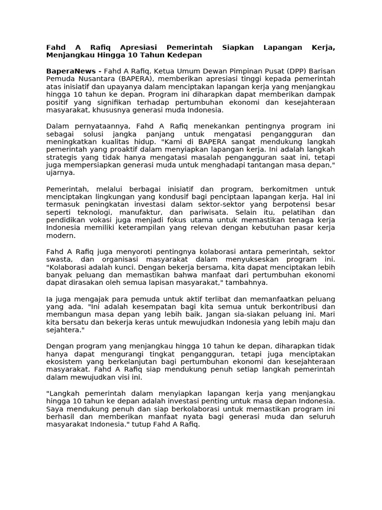 Fahd A Rafiq Apresiasi Pemerintah Siapkan Lapangan Kerja | PDF
