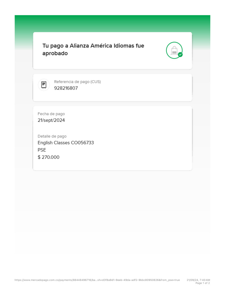 Comprobante de Tu Pago Con Pse | PDF