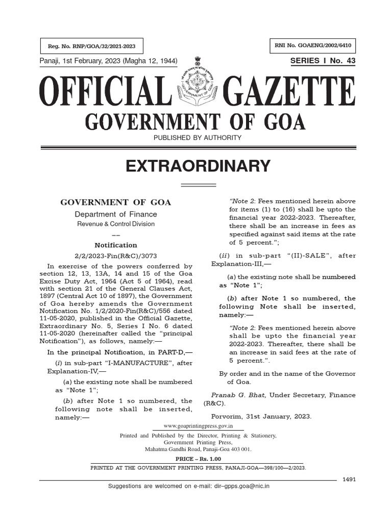 Goa Excise Duty Fee Increase Notification | PDF | Alcoholic Beverages ...