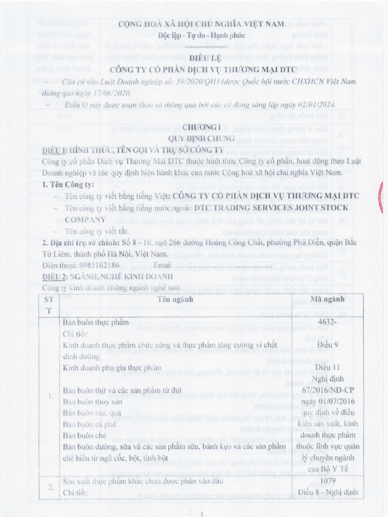 Điều Lệ Cty DTC 02.01.2024 | PDF