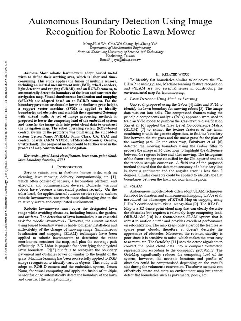 Autonomous Boundary Detection Using Image Recognition For Robotic Lawn Mower | PDF