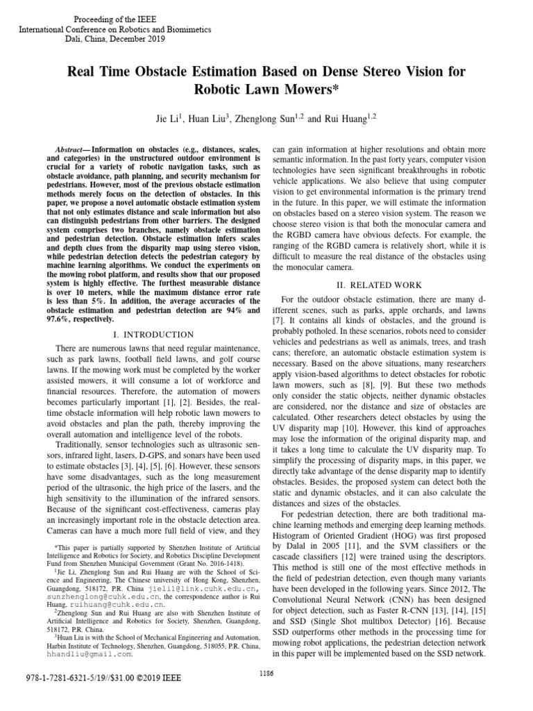 Real Time Obstacle Estimation Based On Dense Stereo Vision For Robotic Lawn Mowers | PDF