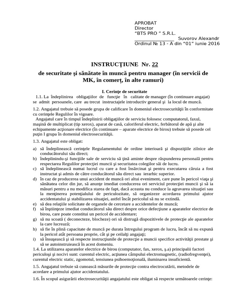 Instructiune SSM - Manager | PDF