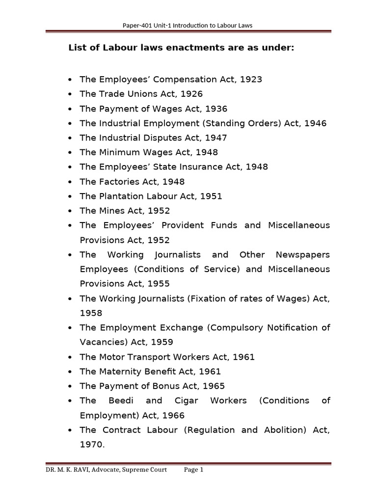 Overview of Key Labour Laws in India | PDF | Labour Law | Employment