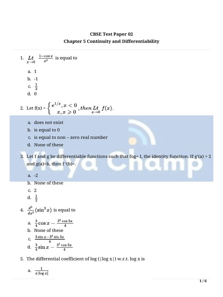 CBSE Test Paper 02 Chapter 5 Continuity and Differentiability | PDF