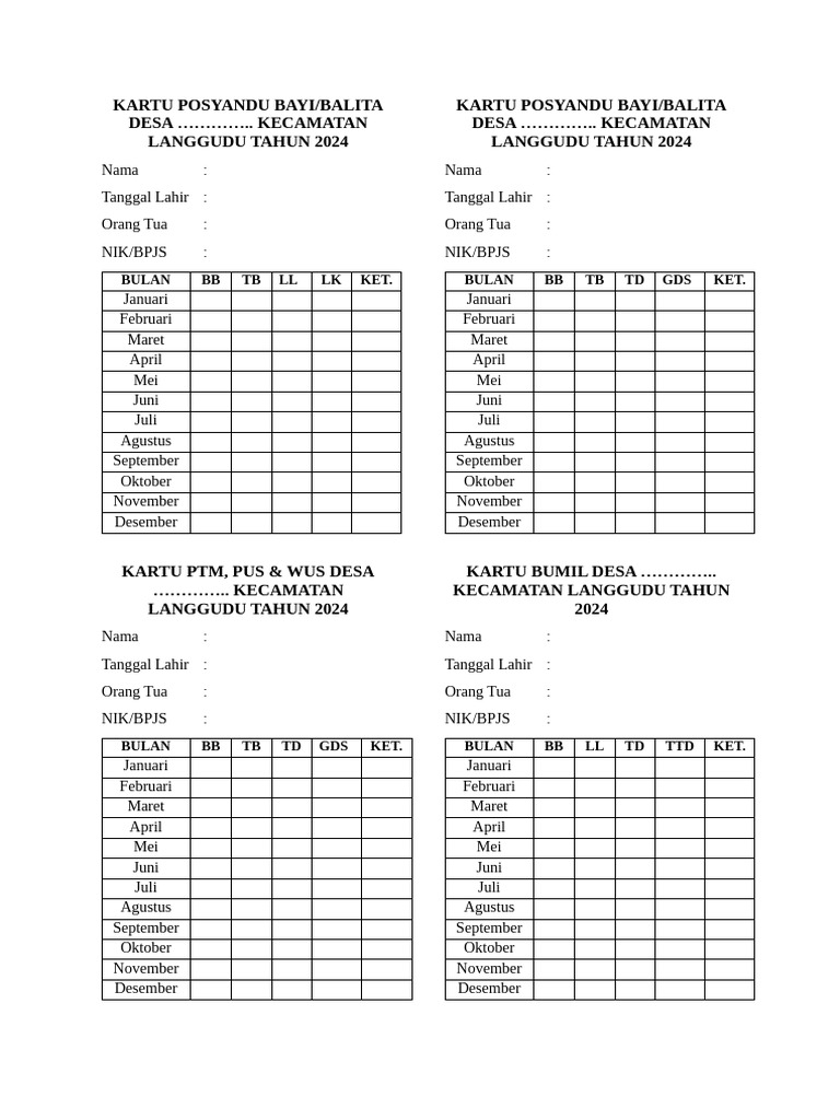 Kartu Posyandu (PTM, Lansia & Bayi Balita) | PDF