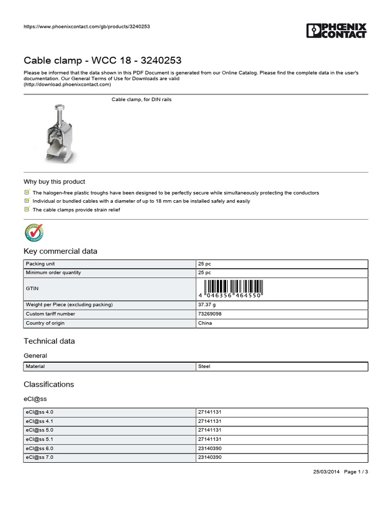 Cable Clamp - WCC 18 - 3240253: Key Commercial Data | PDF