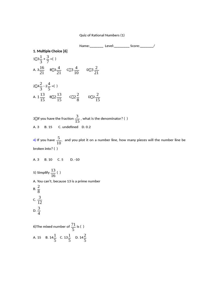 Quiz of Rational Numbers | PDF