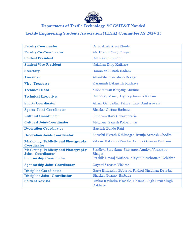 Textile Engineering Students Association AY 2024-2025 | PDF