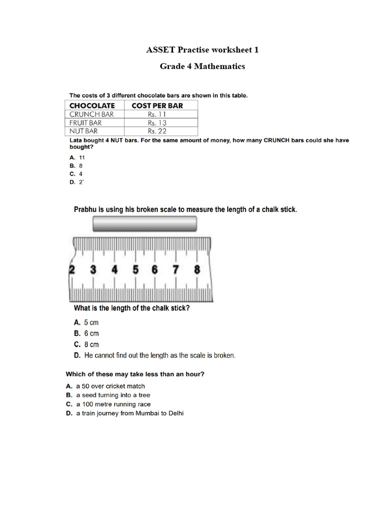 ASSET Practise Worksheet 1 Grade 4 Mathematics | PDF