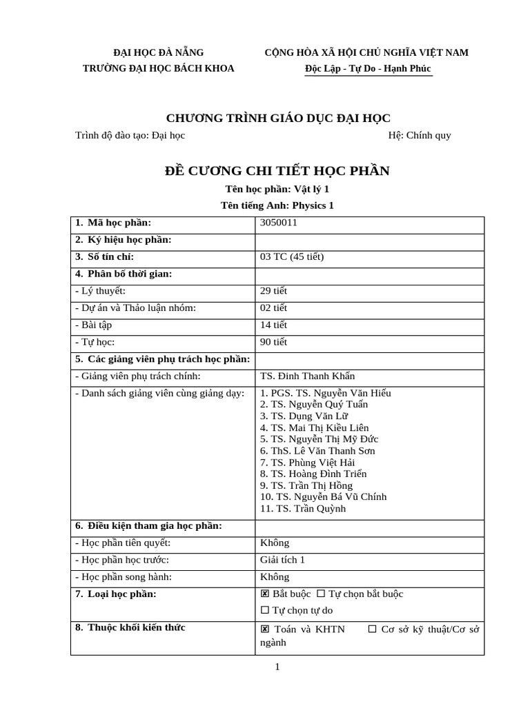 Đề Cương Chi Tiết Vatli1 - HK1 - 2425 (12 Tuần) | PDF