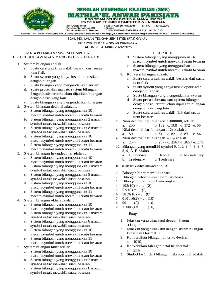 Soal PTS Sistem Komputer X TKJ | PDF